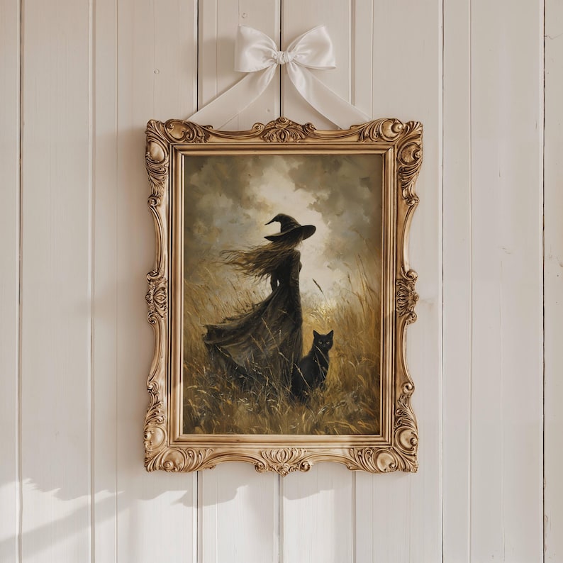 Witch and Black Cat in Field Poster, Witchy Wall Art, Halloween Home ...