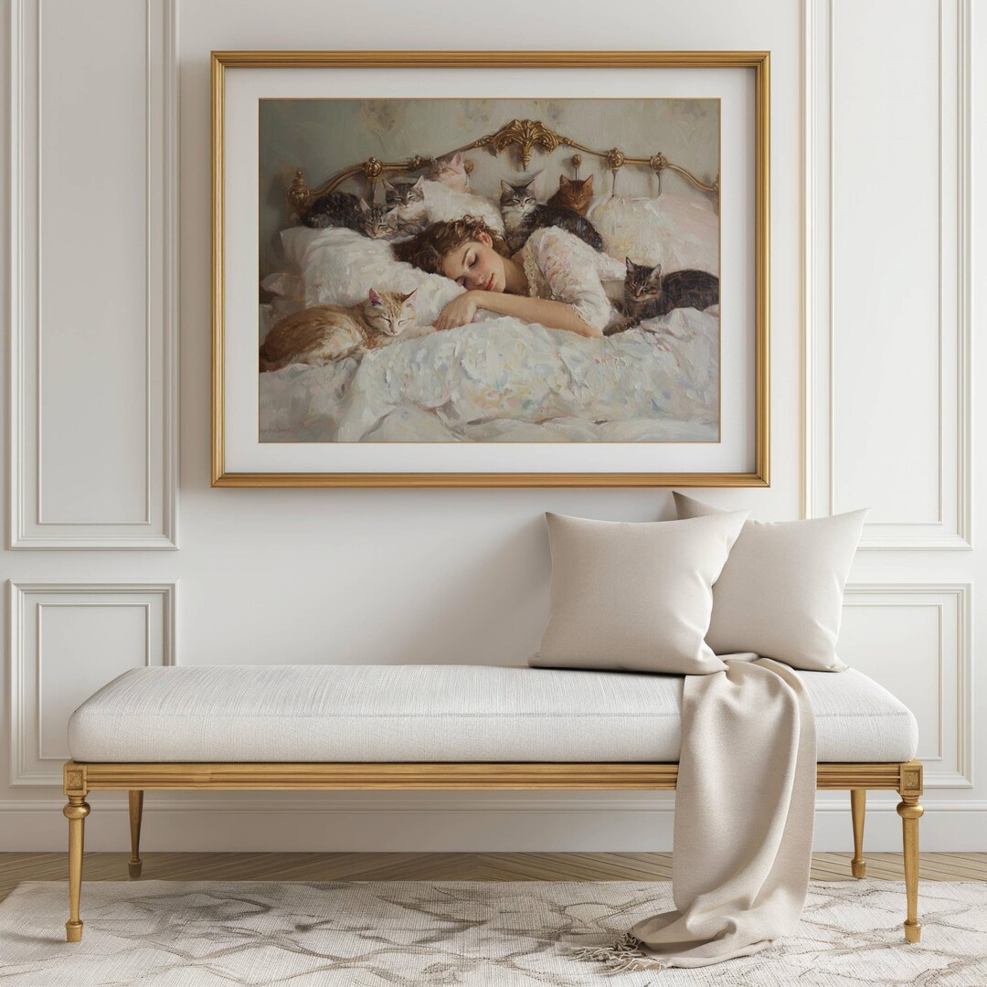 Woman Napping With Her Cats Poster, Cat Mom Wall Art, Lady and Cat ...