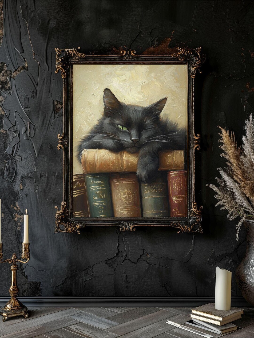 Cozy Black Cat and Books Poster, Gift for Cat Lovers & Bookworms, Light ...