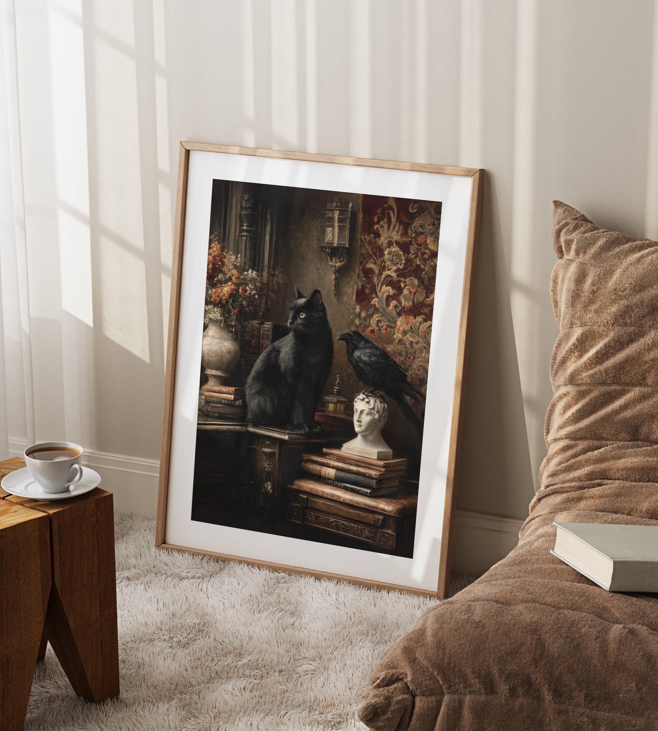 Black Cat and Raven Dark Academia Poster, Victorian Gothic Wall Art ...