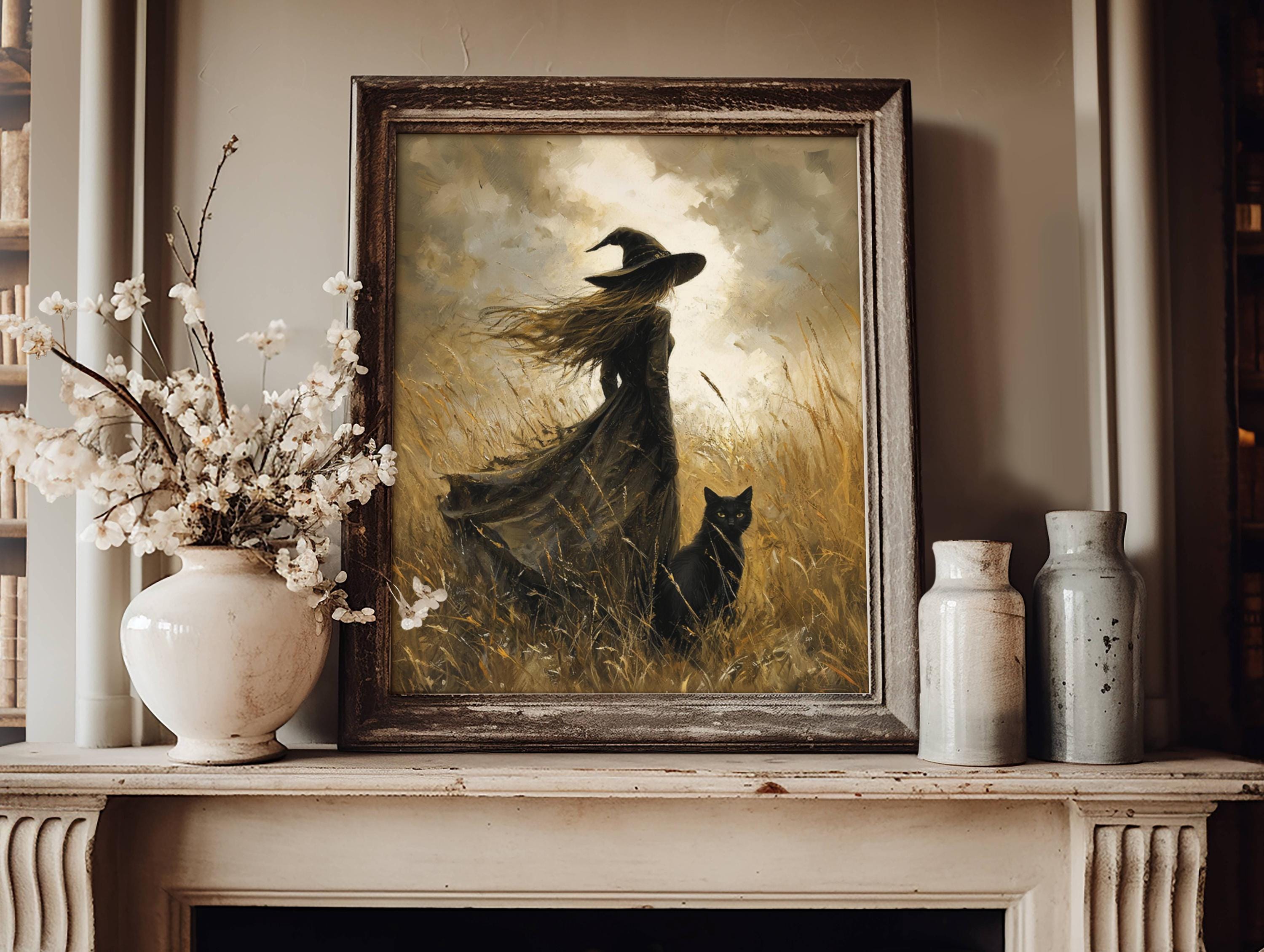 Witch and Black Cat in Field Poster, Witchy Wall Art, Halloween Home ...