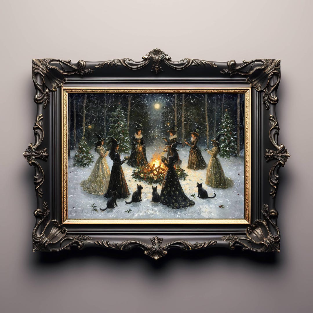 Winter Solstice Witches & Black Cats Wall Art Poster, Magical Yuletide ...