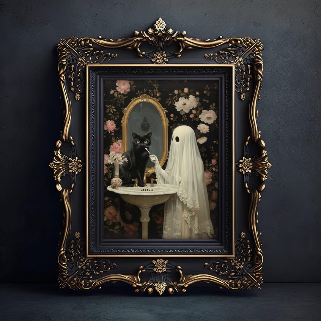 Ghost and Cat Brushing Teeth Poster, Funny Halloween Bathroom Print ...