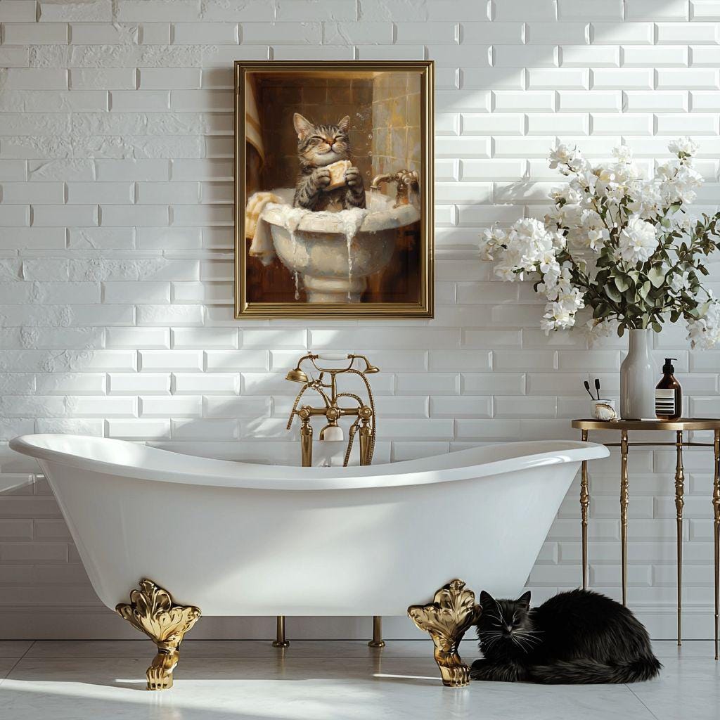Tabby Cat Taking Bath in Sink Poster, Cute Cat Bathroom Decor, Cat ...