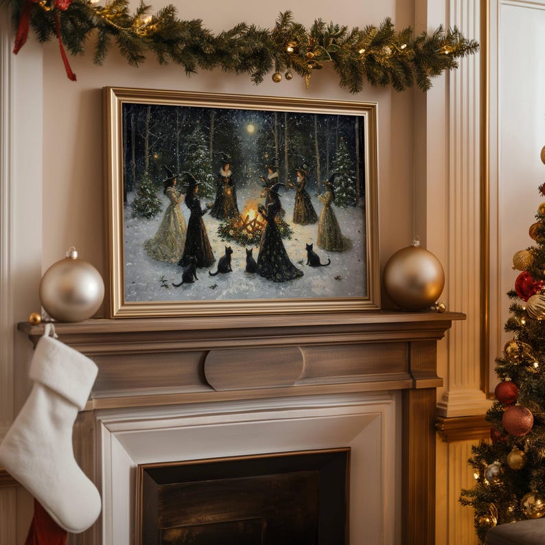 Winter Solstice Witches & Black Cats Wall Art Poster, Magical Yuletide ...