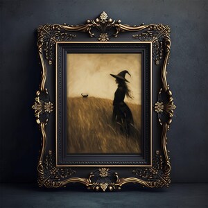 Witch in a Field With Black Cat Poster, Halloween Wall Art, Witchy Art ...