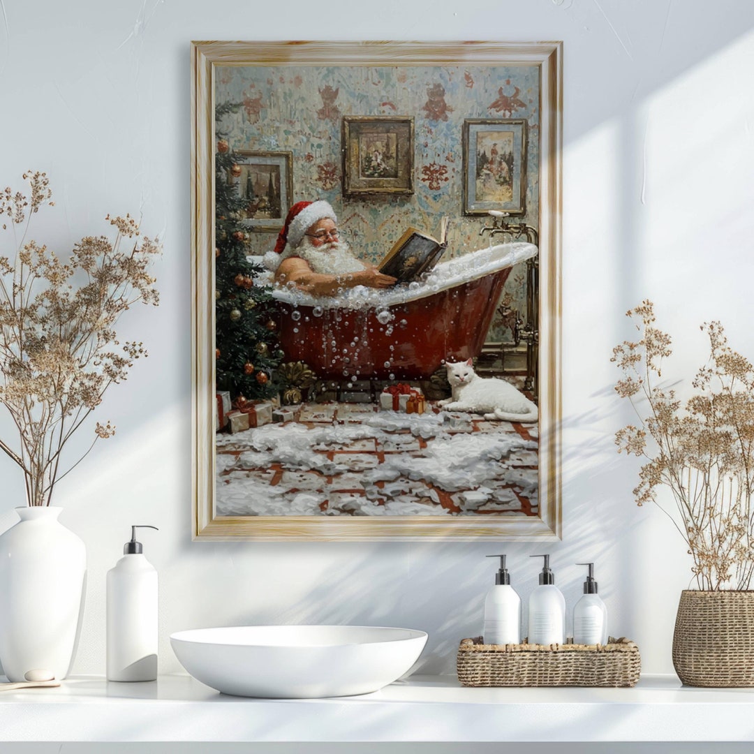 Santa Claus Reading in Bathtub Christmas Poster, Xmas Cat Christmas ...