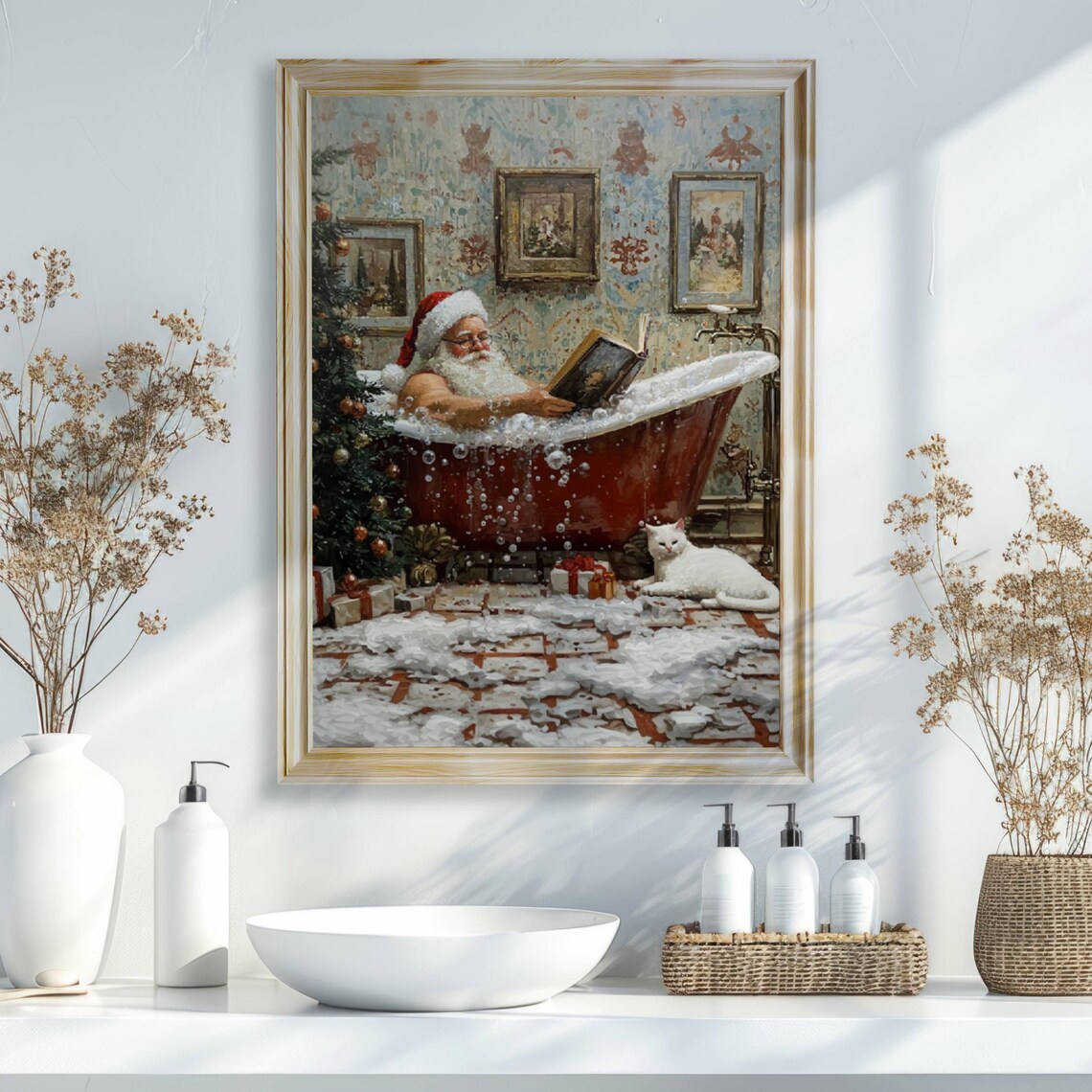 Santa Claus Reading in Bathtub Christmas Poster, Xmas Cat Christmas ...