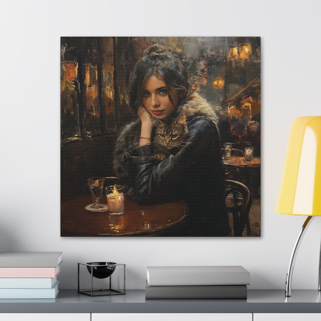 Woman and Cat in French Cafe Canvas Wall Art, Moody Kitty Print, Cat ...