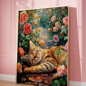 Ginger Cat in Rose Garden Poster, Art, Floral Feline Print, Orange ...