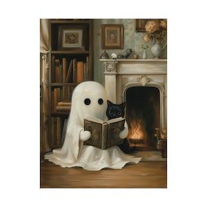 Cute Ghost and Cat Poster, Black Cat Print, Halloween Wall Art - Etsy