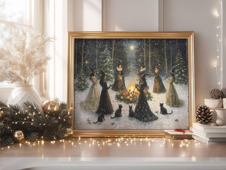 Winter Solstice Witches & Black Cats Wall Art Poster, Magical Yuletide ...