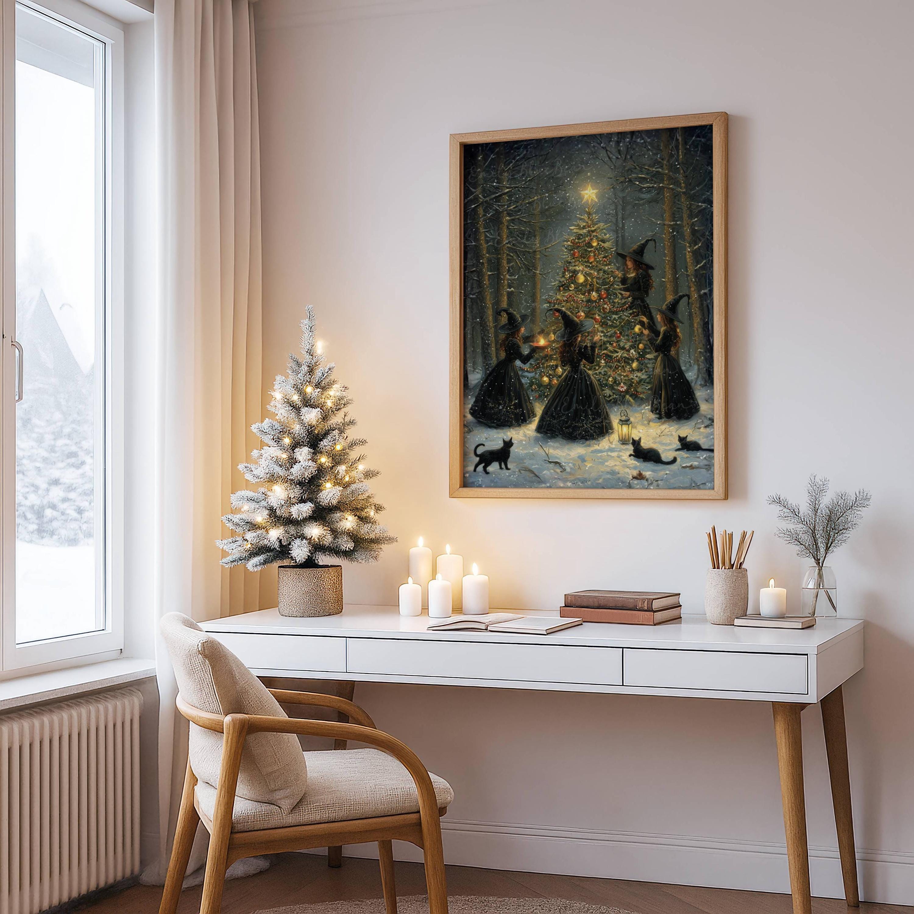 Witchy Christmas Tree Wall Art Poster, Winter Forest Witches Christmas ...