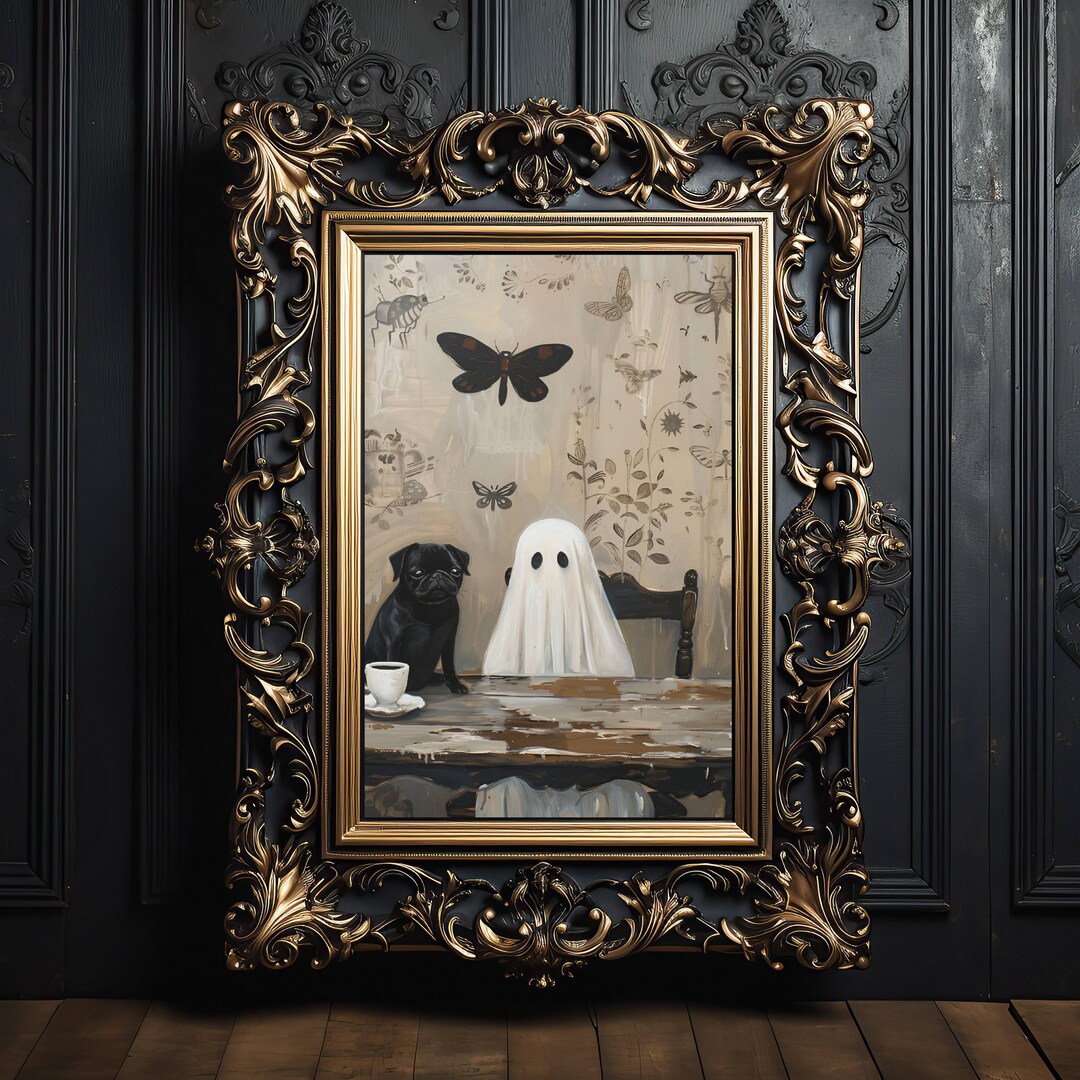 Ghost and Black Pug Coffee Time Poster, Spooky Cute Ghost Dog Art ...