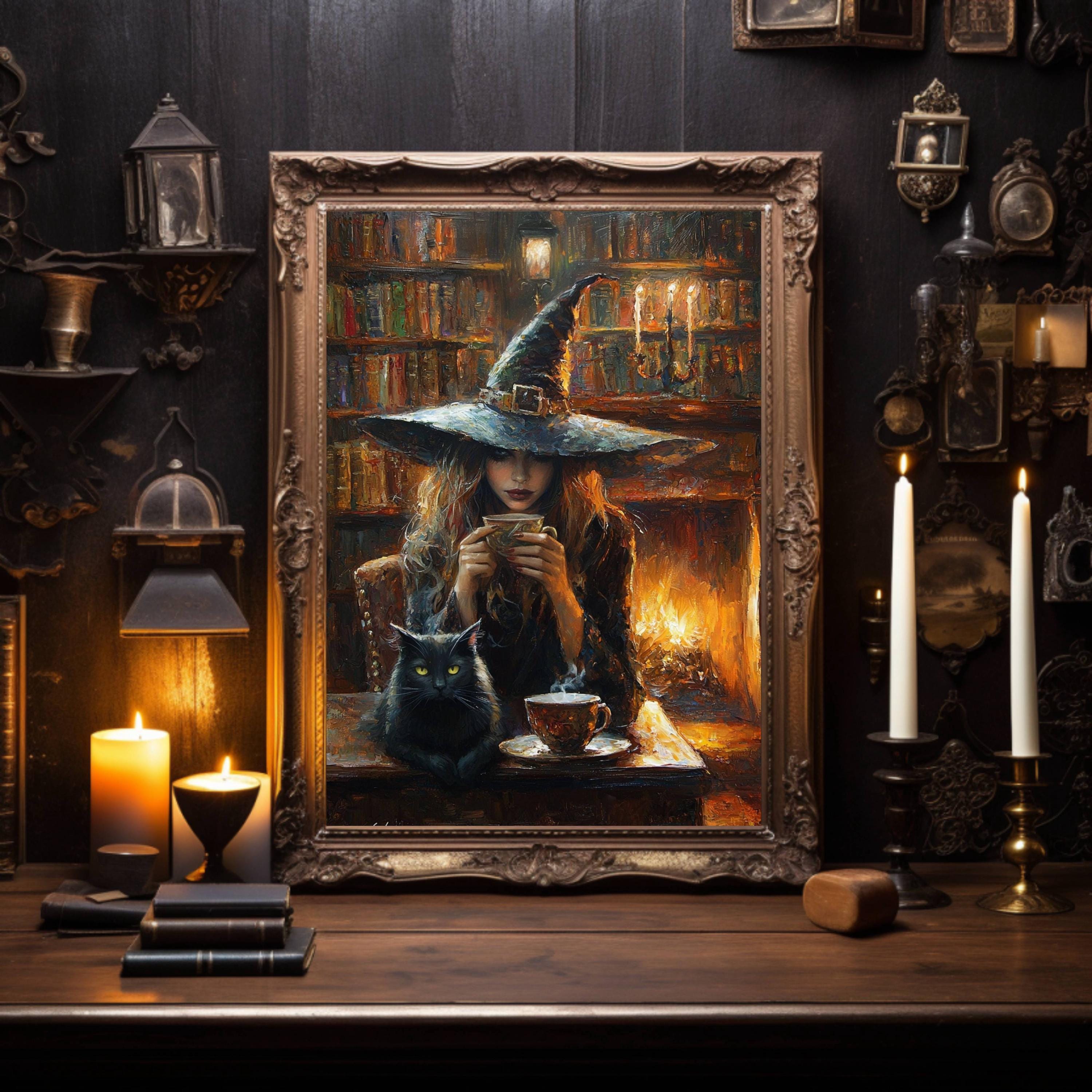 Witch Having Tea in Library With Black Cat Poster, Witch and Books ...