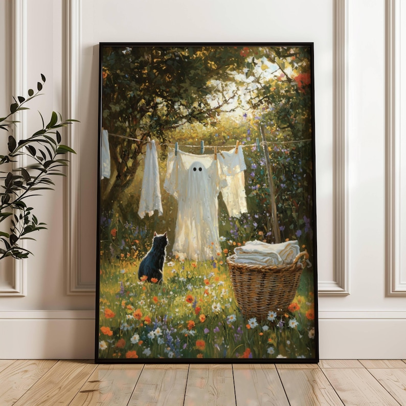 Ghost Laundry Poster, Funny Laundry Room Decor, Ghost and Black Cat ...