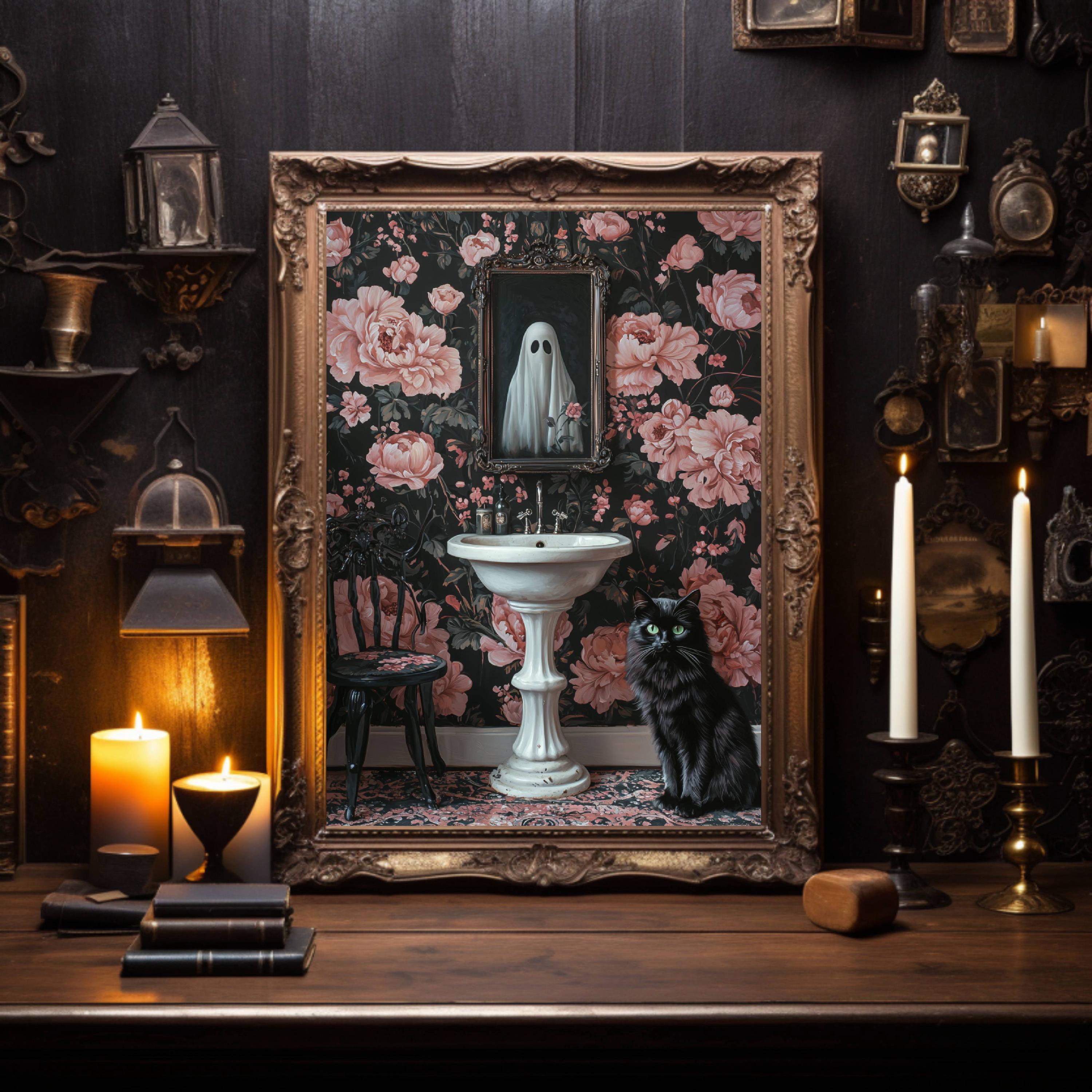 Ghost and Cat in Bathroom, Spooky Bathroom Halloween Art, Black Cat ...