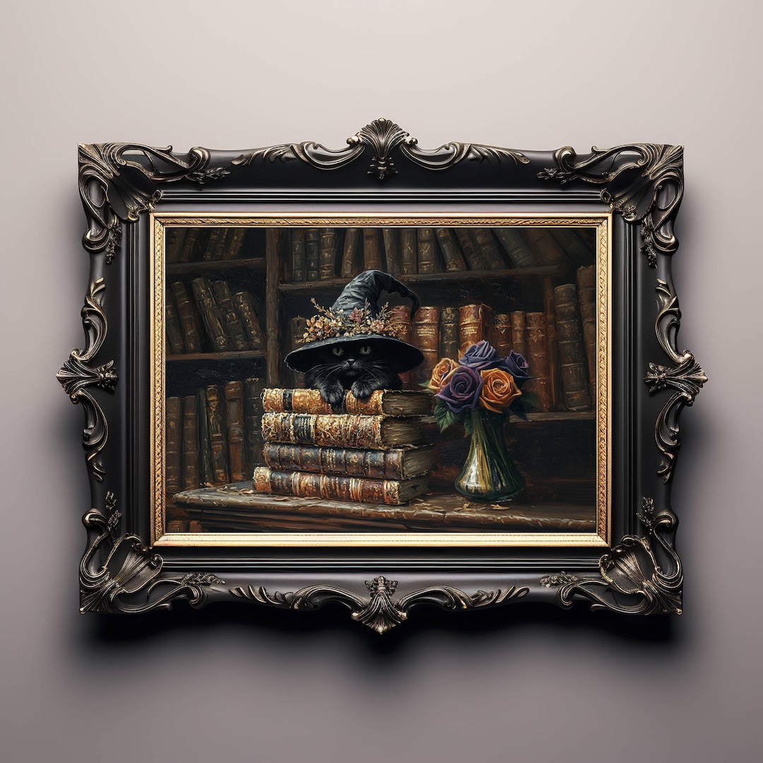 Gothic Black Kitten and Witch Hat Library Poster, Witchcore Wall Decor ...