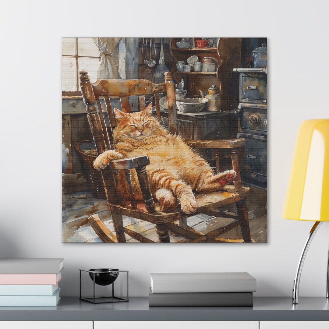 Sleeping Ginger Cat in Rocking Chair Wall Art Canvas, Cat Lover Gift ...