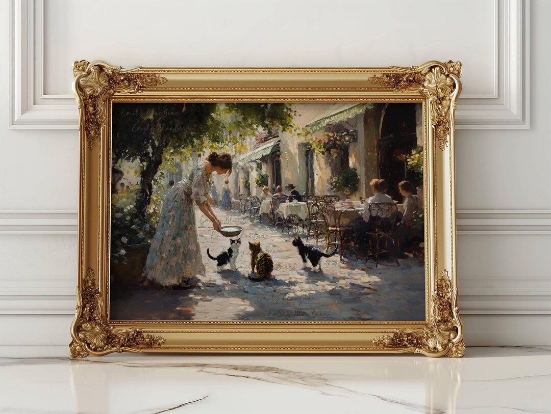 Woman Feeding Cats in Outdoor Cafe Poster, Lady and Kitty Print ...