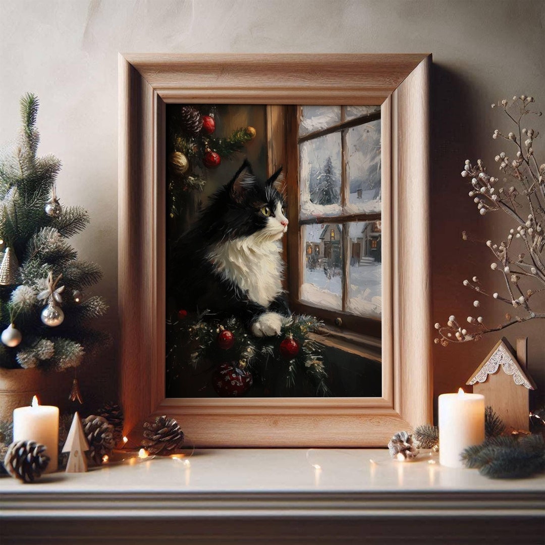 Tuxedo Cat Farmhouse Christmas Poster, Rustic Xmas Cat Christmas Wall ...