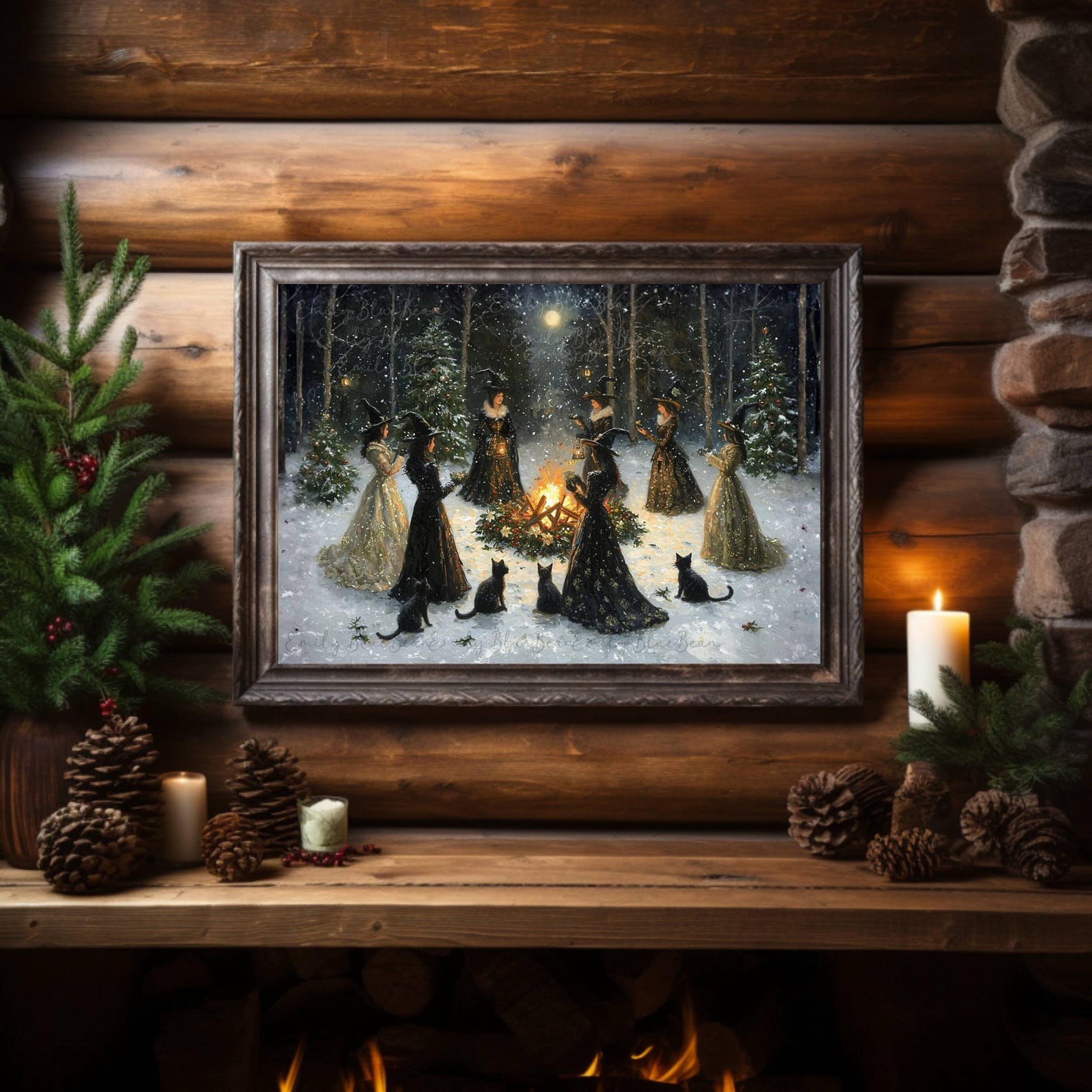 Winter Solstice Witches & Black Cats Wall Art Poster, Magical Yuletide ...