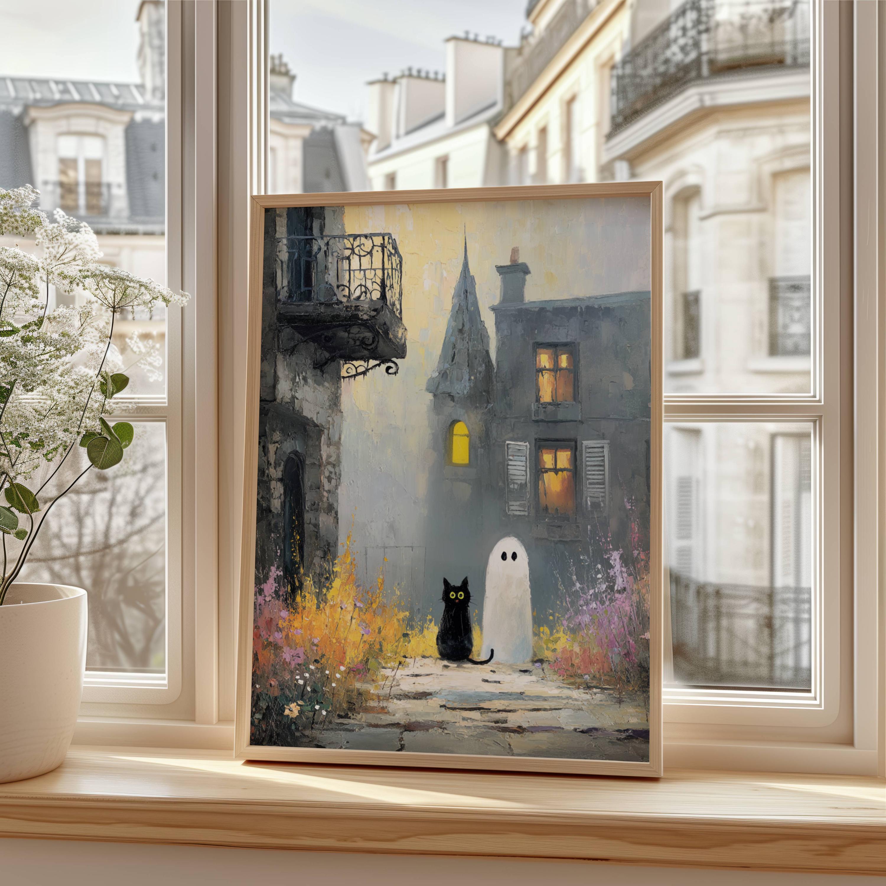 Ghost and Black Cat Haunted House Poster, Spooky Cute Wall Art ...