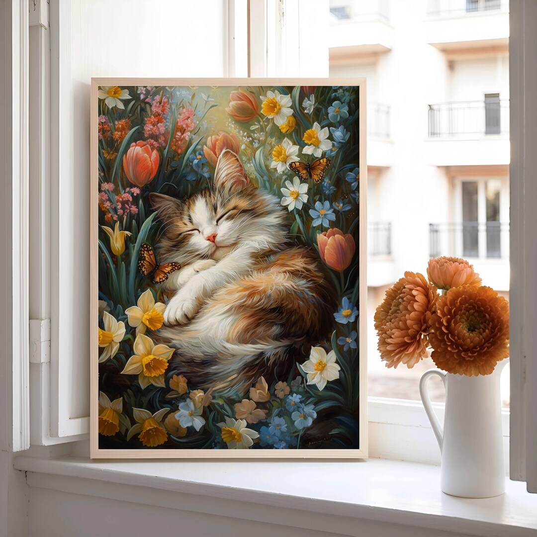 Calico Kitten in Spring Flowers Poster, Cat in Daffodils and Tulips ...
