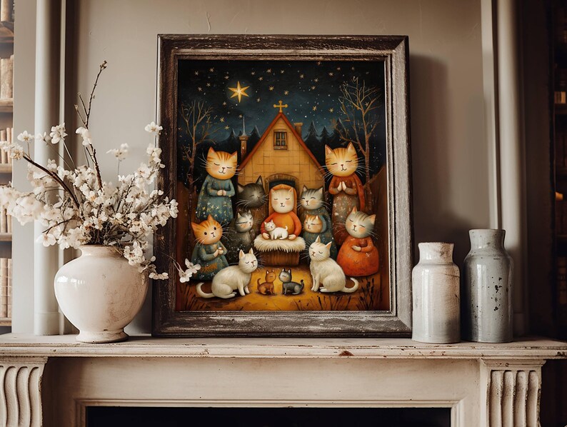 Folk Art Cat Nativity Scene Christmas Poster, Whimsical Holiday Cat ...