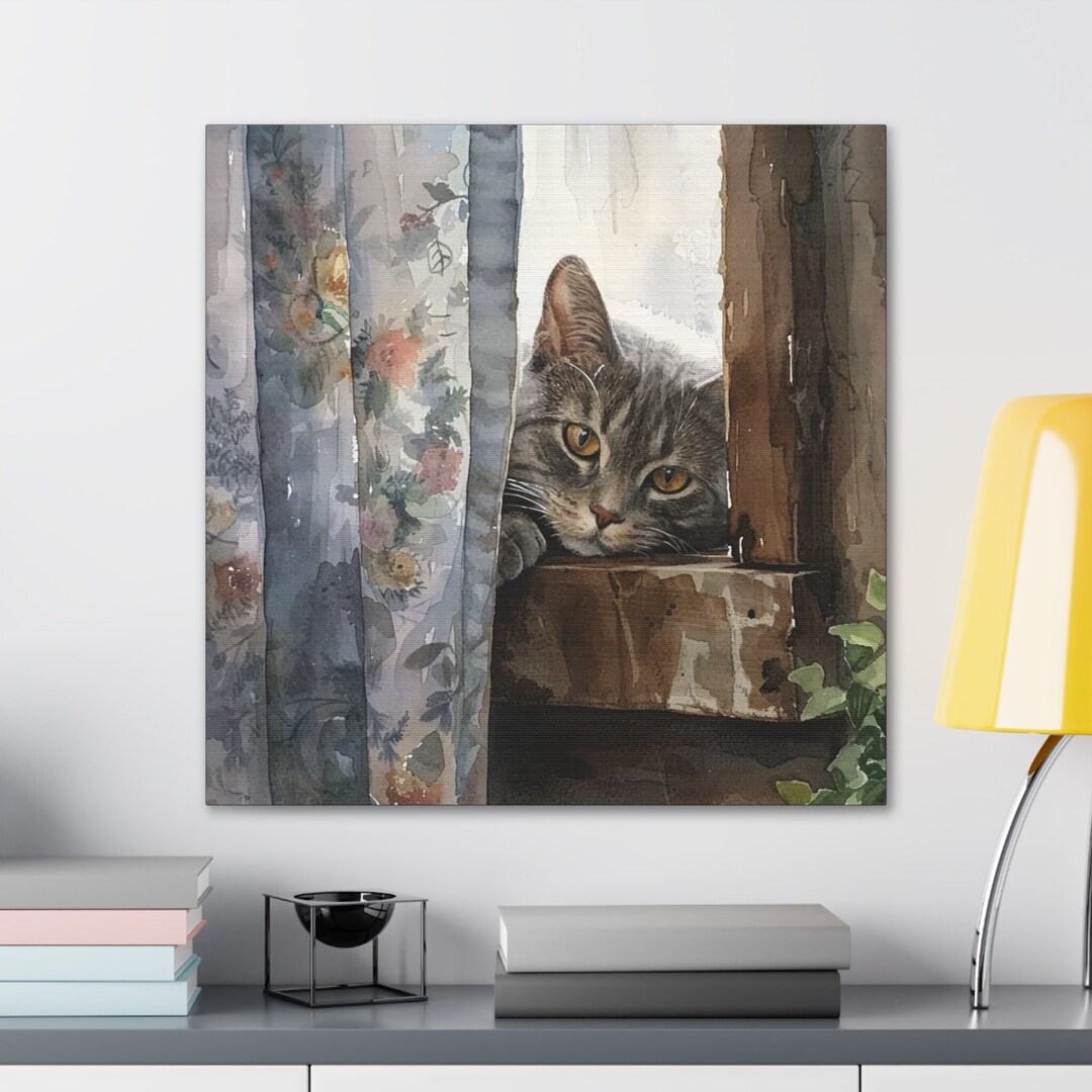 Tabby Cat in Window Canvas Wall Art, Botanical Kitty Print, Cat Lover ...