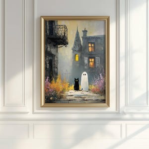 Ghost and Black Cat Haunted House Poster, Spooky Cute Wall Art ...