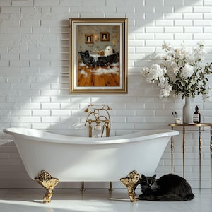 Ghost Reading Book in Bathtub Poster, Ghost and Black Cat Bubblebath ...