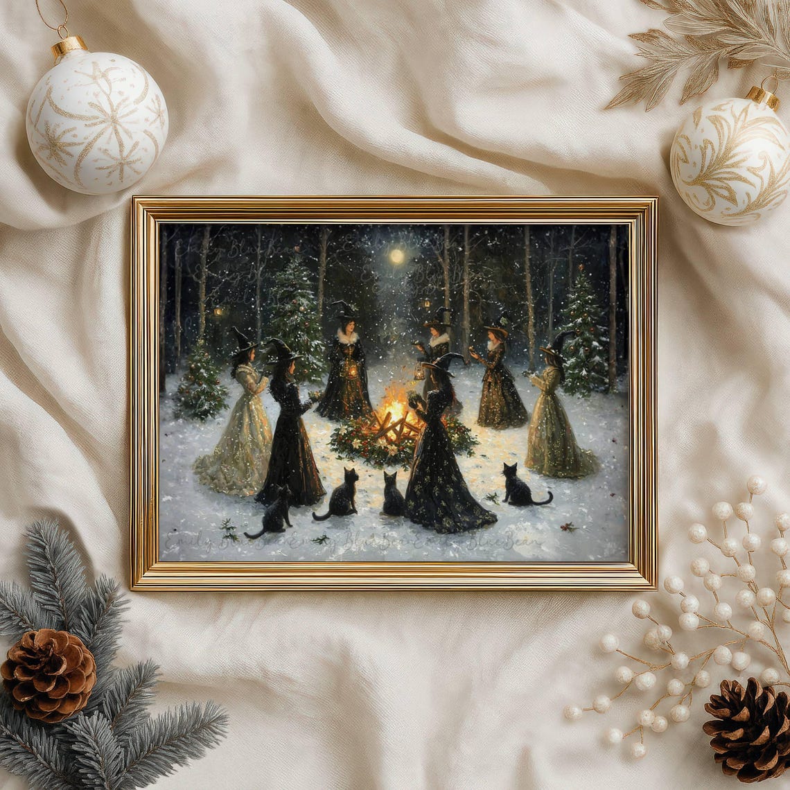 Winter Solstice Witches & Black Cats Wall Art Poster, Magical Yuletide ...