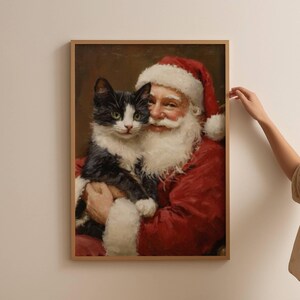 Santa and Tuxedo Cat Wall Art Poster, Cute Kitty Christmas Home Decor ...