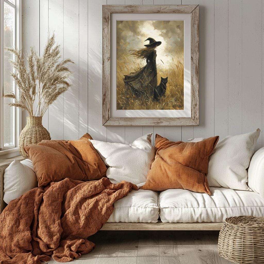 Witch and Black Cat in Field Poster, Witchy Wall Art, Halloween Home ...
