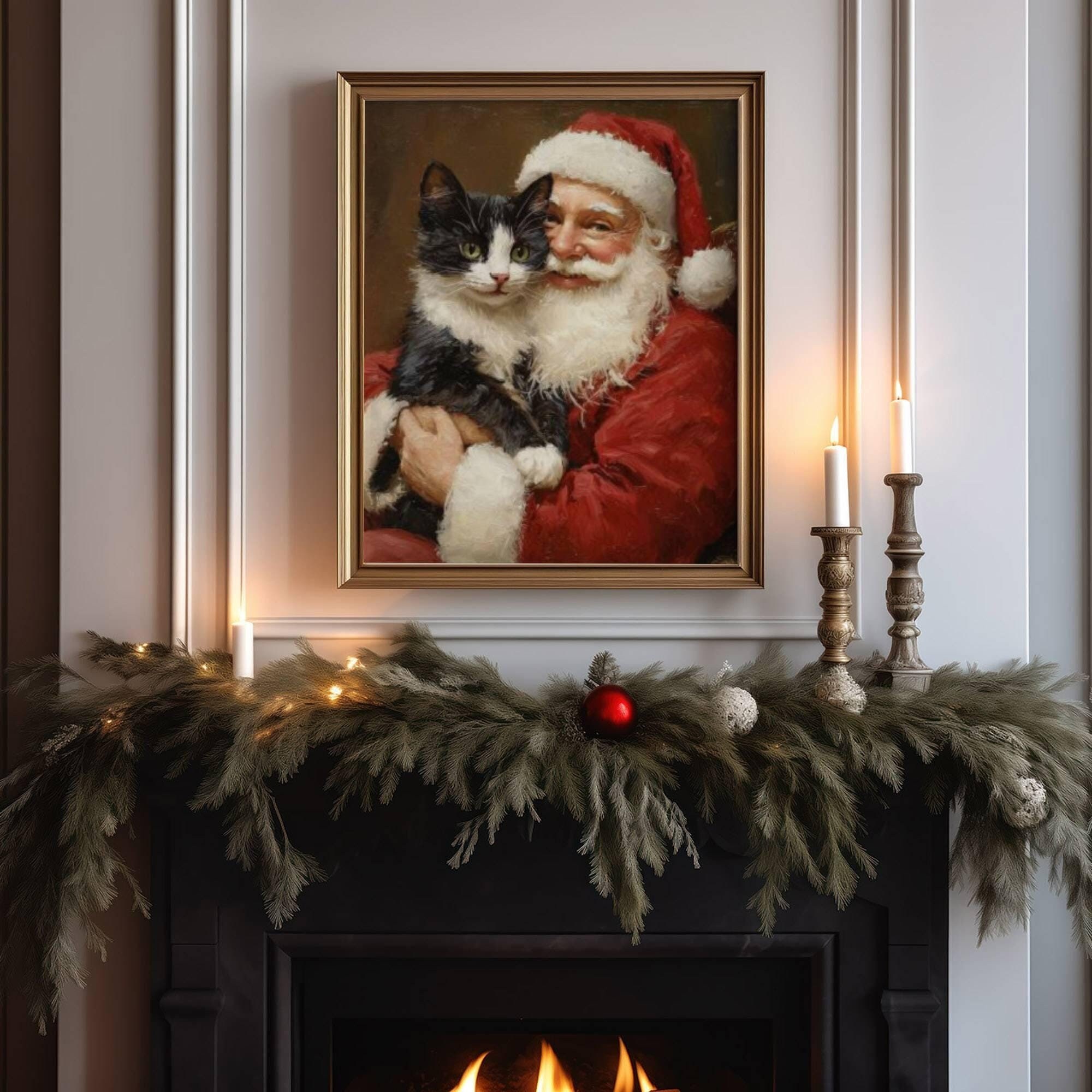 Santa and Tuxedo Cat Wall Art Poster, Cute Kitty Christmas Home Decor ...