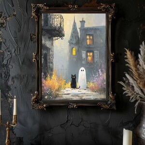 Ghost and Black Cat Haunted House Poster, Spooky Cute Wall Art ...