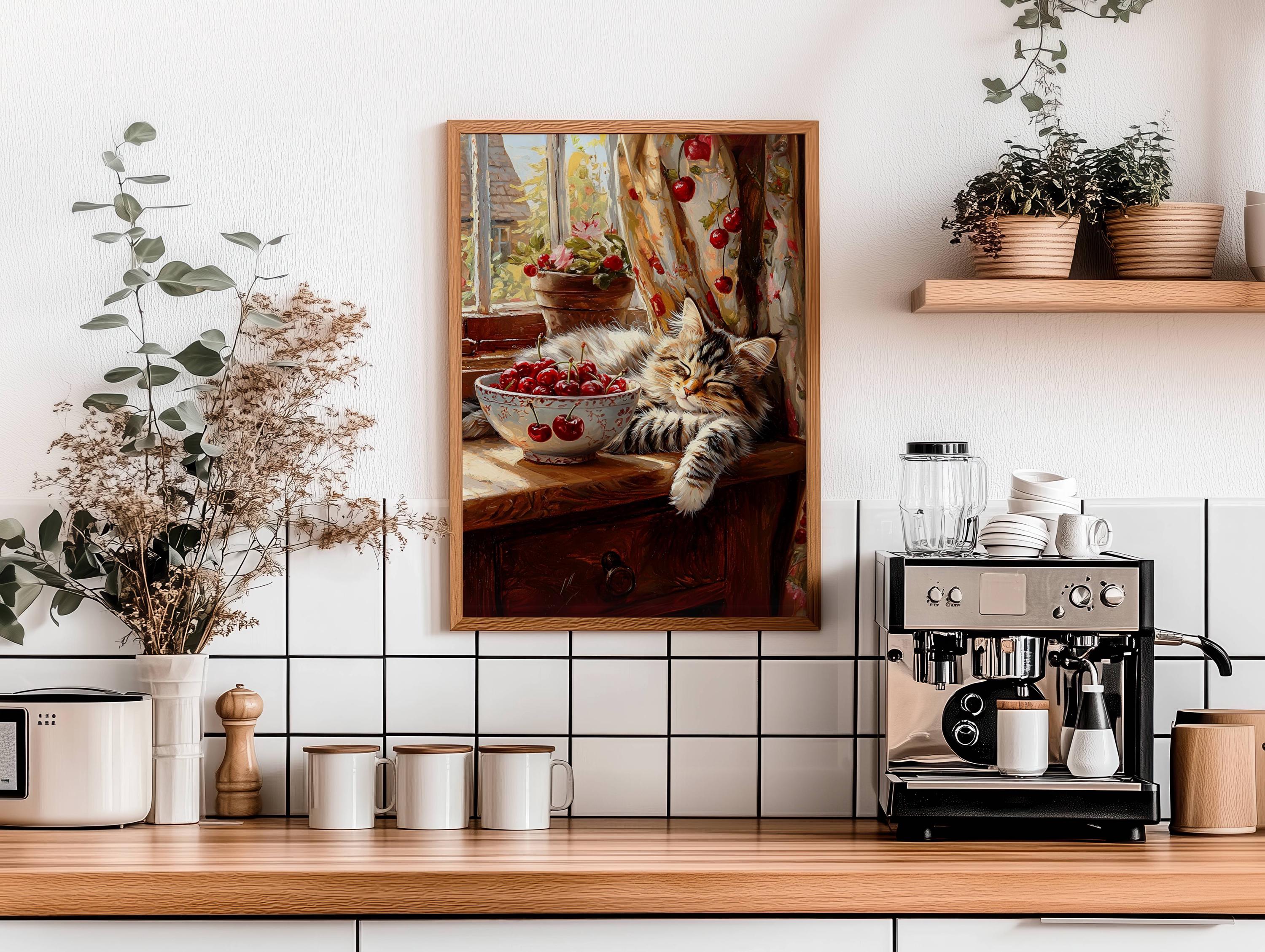 Tabby Cat Farmhouse Kitchen Poster, Cherry Wall Art, Cat and Cherries ...