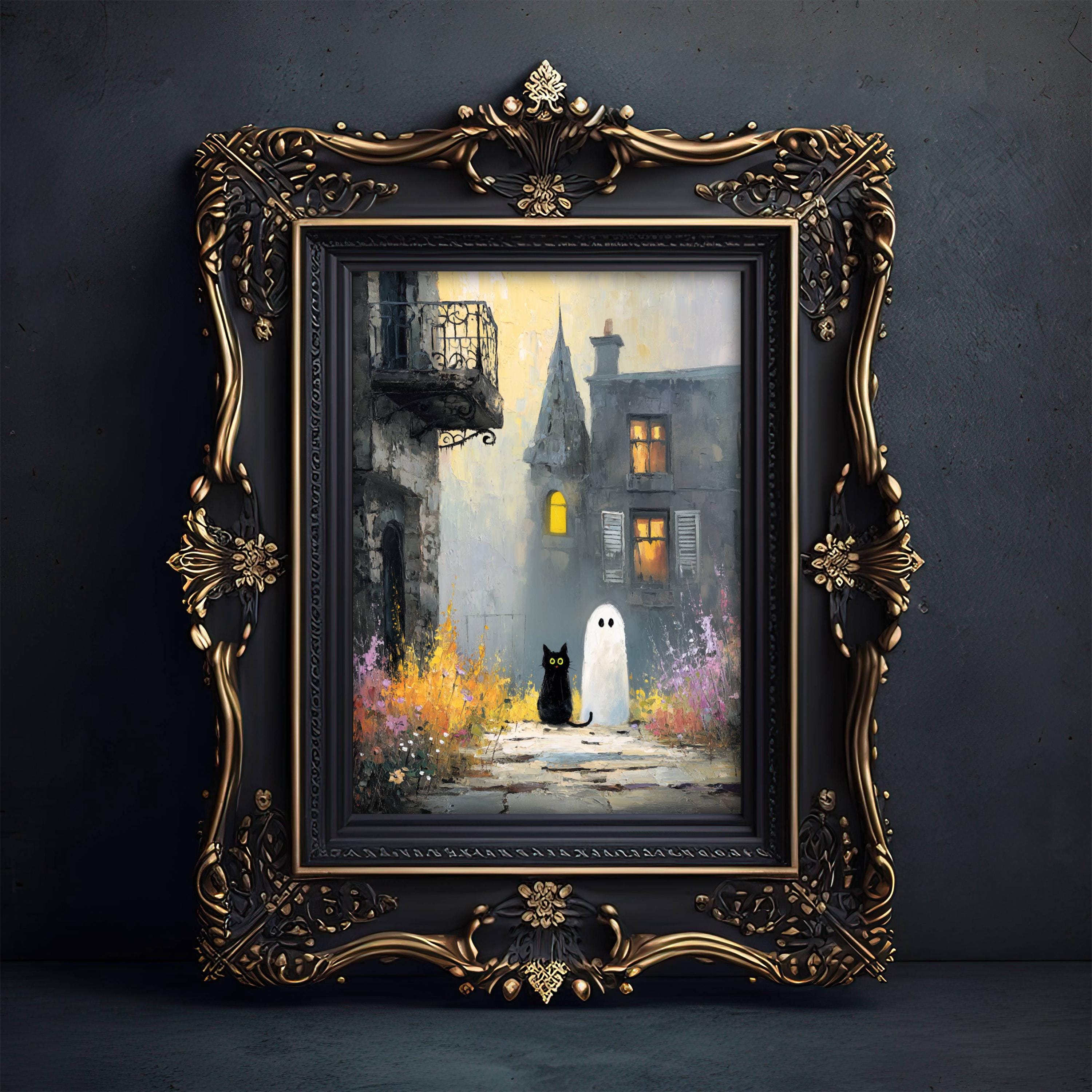 Ghost and Black Cat Haunted House Poster, Spooky Cute Wall Art ...