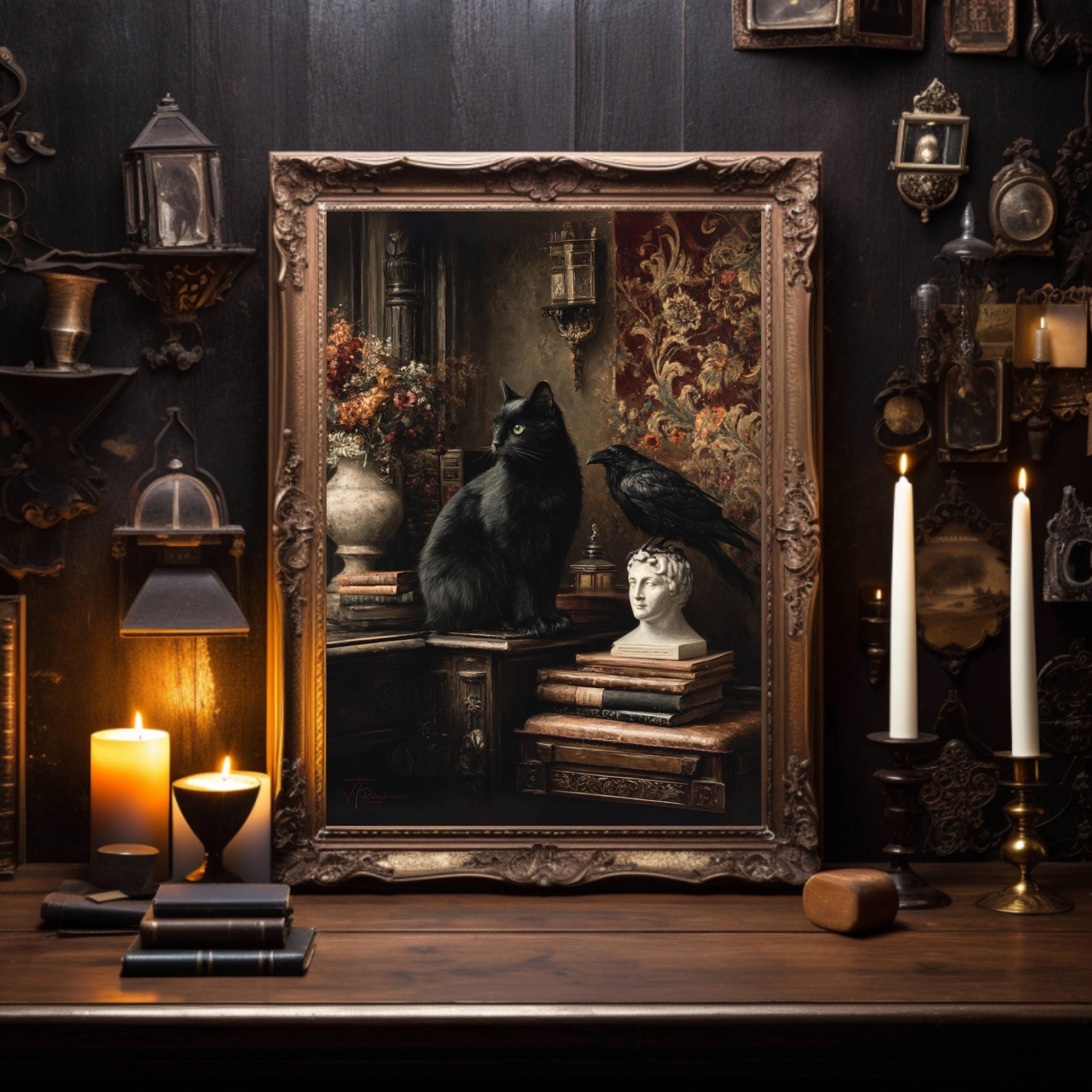 Black Cat and Raven Dark Academia Poster, Victorian Gothic Wall Art ...