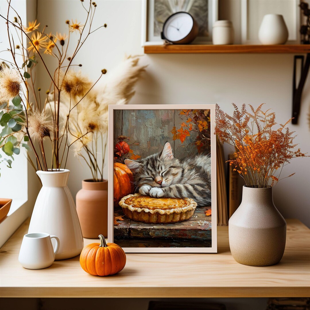 Tabby Cat and Pumpkin Pie Thanksgiving Poster, Fall Home Decor, Autumn ...