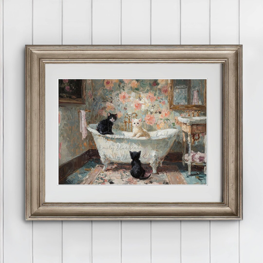 Victorian Kittens in Bathroom DIGITAL DOWNLOAD, Cat PRINTABLE Wall Art ...