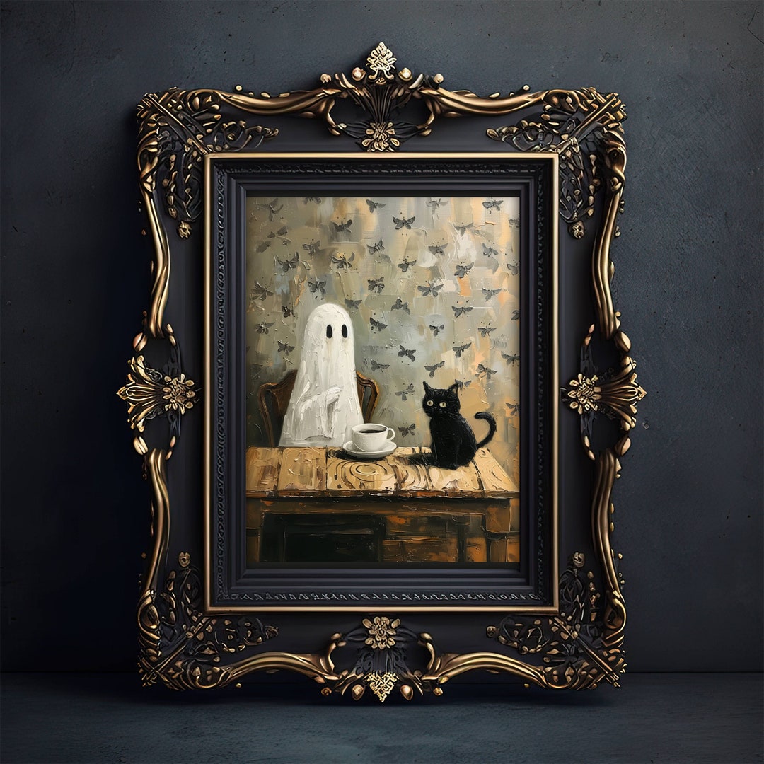 Coffee Time Ghost and Black Cat Poster, Spooky Halloween Wall Art ...