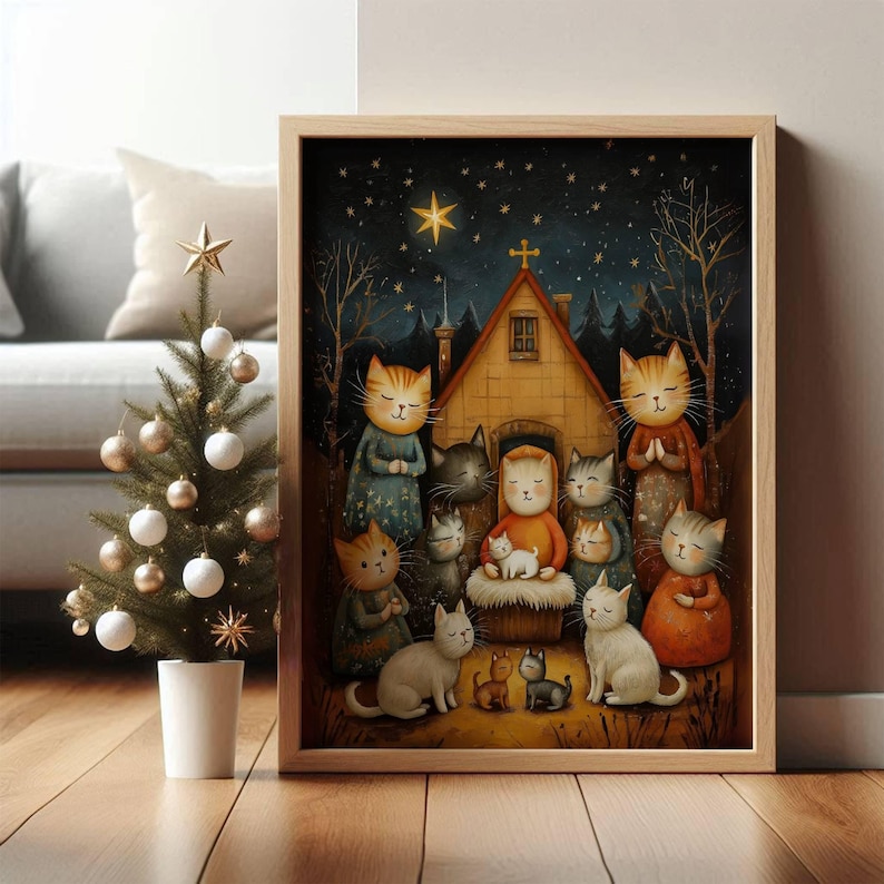 Folk Art Cat Nativity Scene Christmas Poster, Whimsical Holiday Cat ...