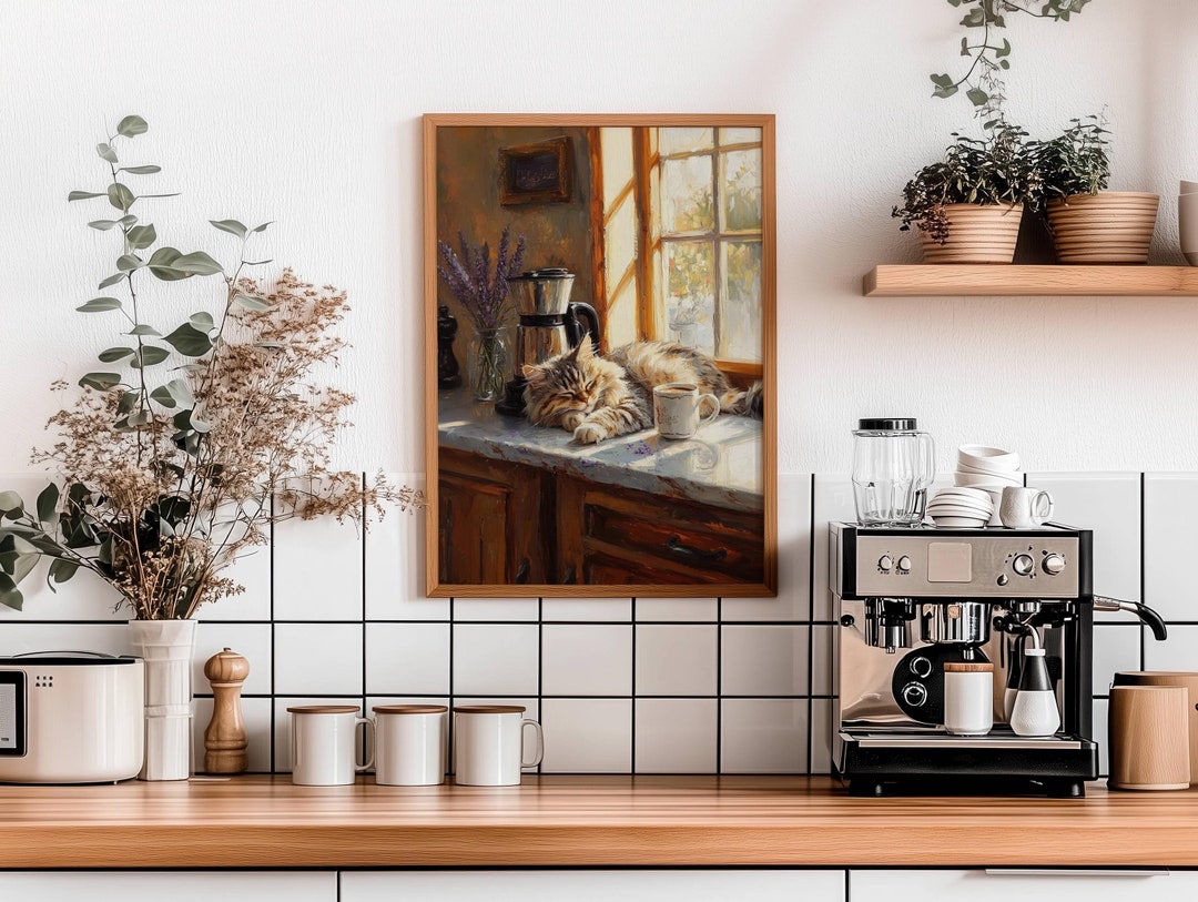 Tabby Cat Coffee Bar Poster, Kitchen Cat Art, Cat Lover Home Decor ...