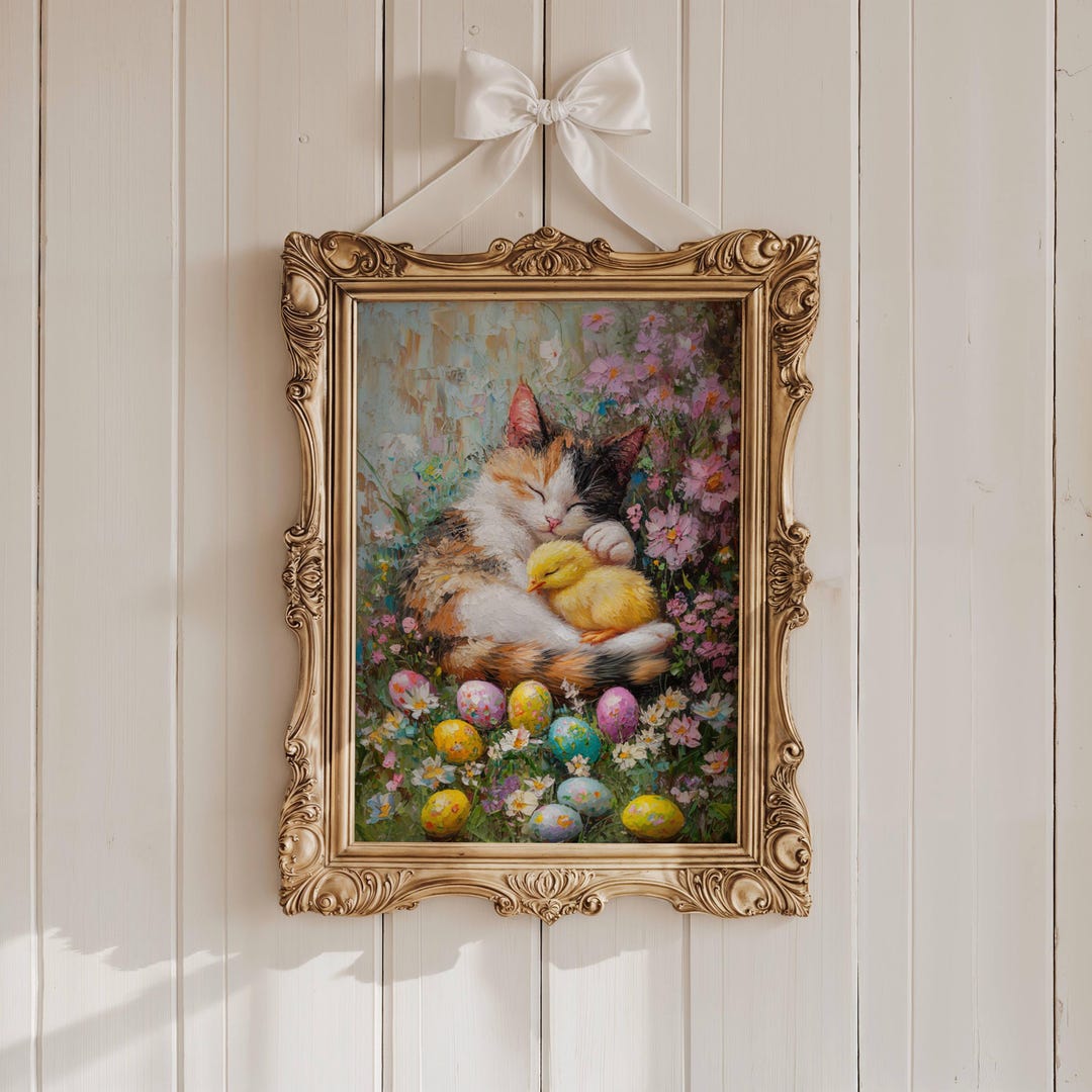 Calico Cat and Baby Chick Easter Poster, Calico Cat Wall Art, Cute ...