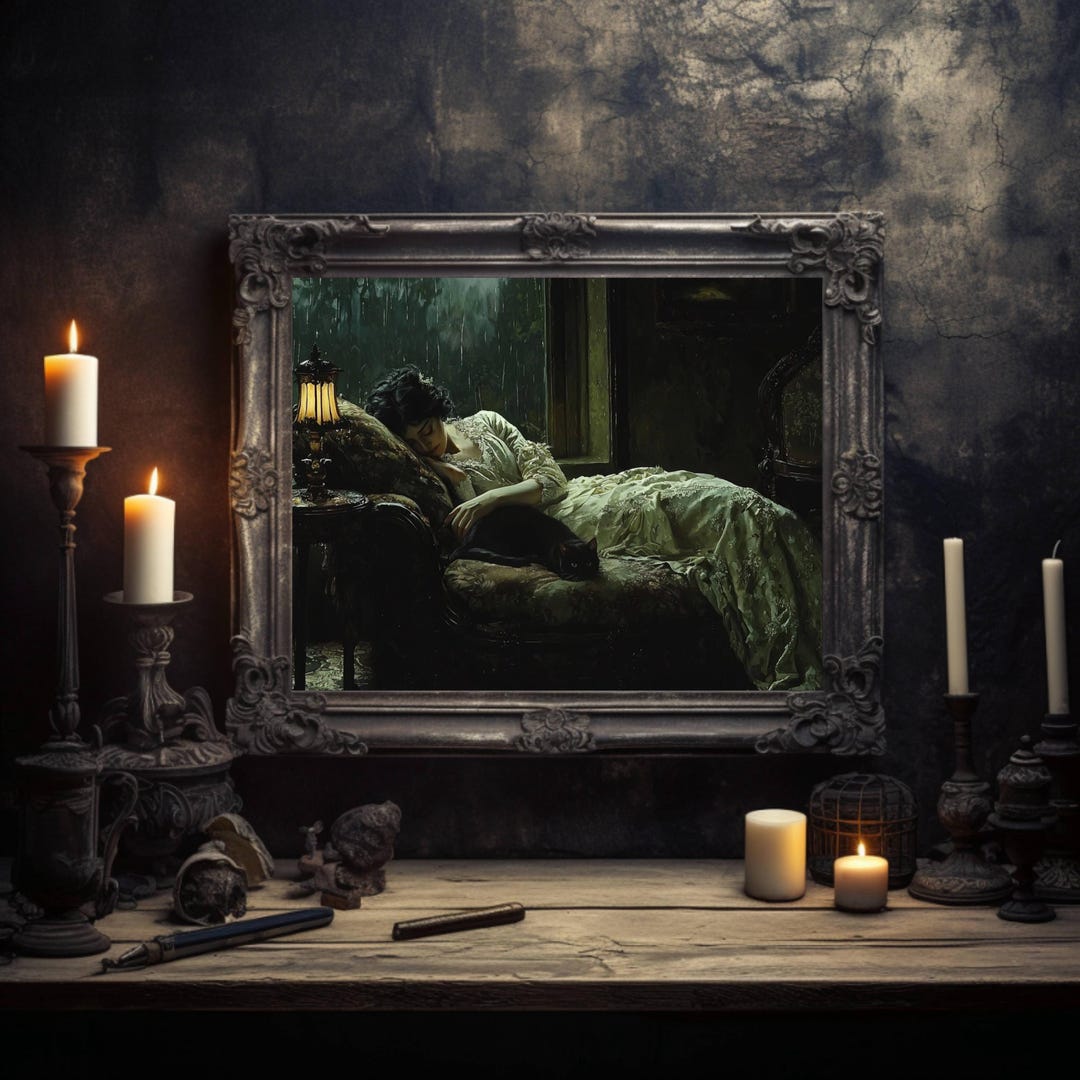 Victorian Woman Sleeping Poster, Black Cat Art, Moody Rainy Day Decor ...