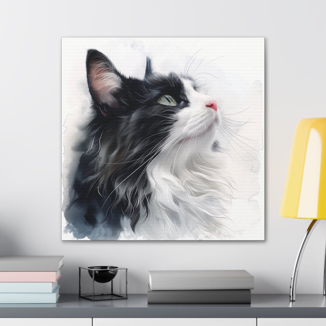 Tuxedo Cat Portrait Wall Art Canvas, Cat Lover Gift, Black and White ...