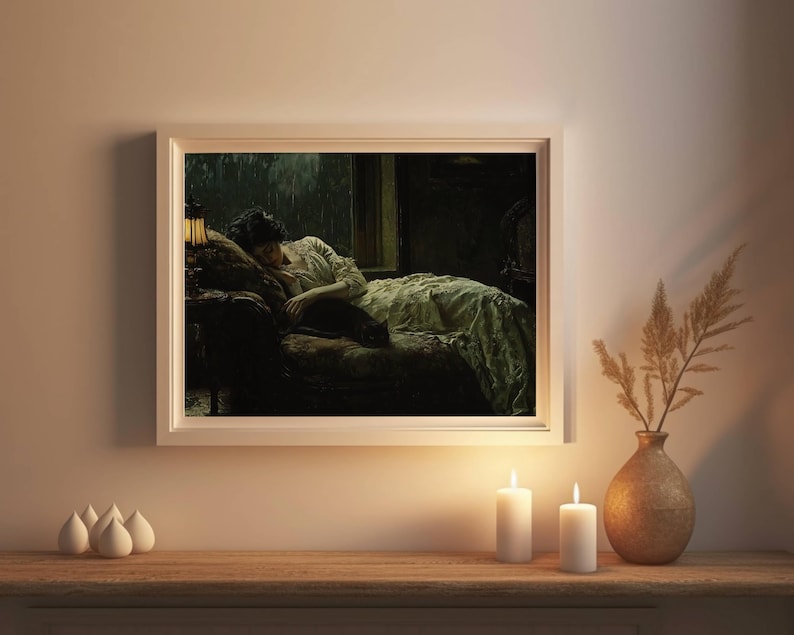 Victorian Woman Sleeping Poster, Black Cat Art, Moody Rainy Day Decor ...