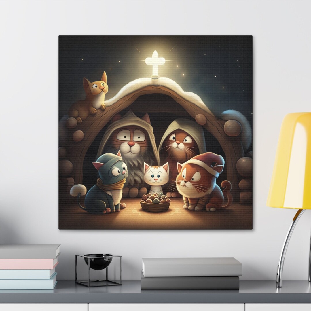 Cat Christmas Nativity Scene Canvas, Christmas Wall Art for Cat Lover ...
